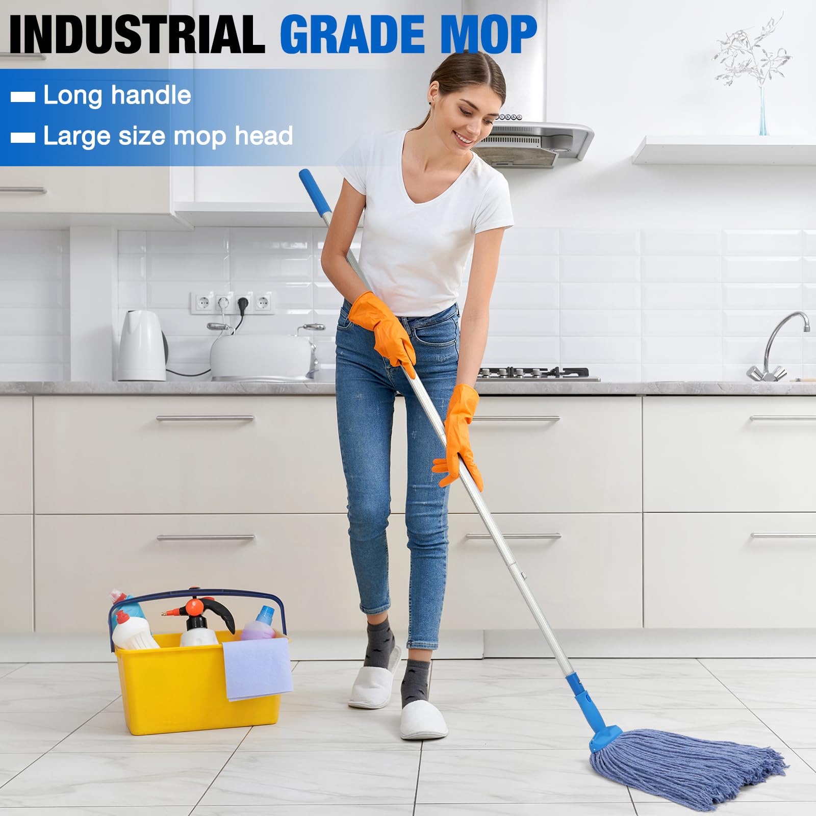 Heavy Duty Commercial Industrial Mop for Floor Cleaning,Beyoco String Wet Mop with Long Handle,Cotton Mop for Home,Garage,Office, Workshop Floor Cleaning- Blue