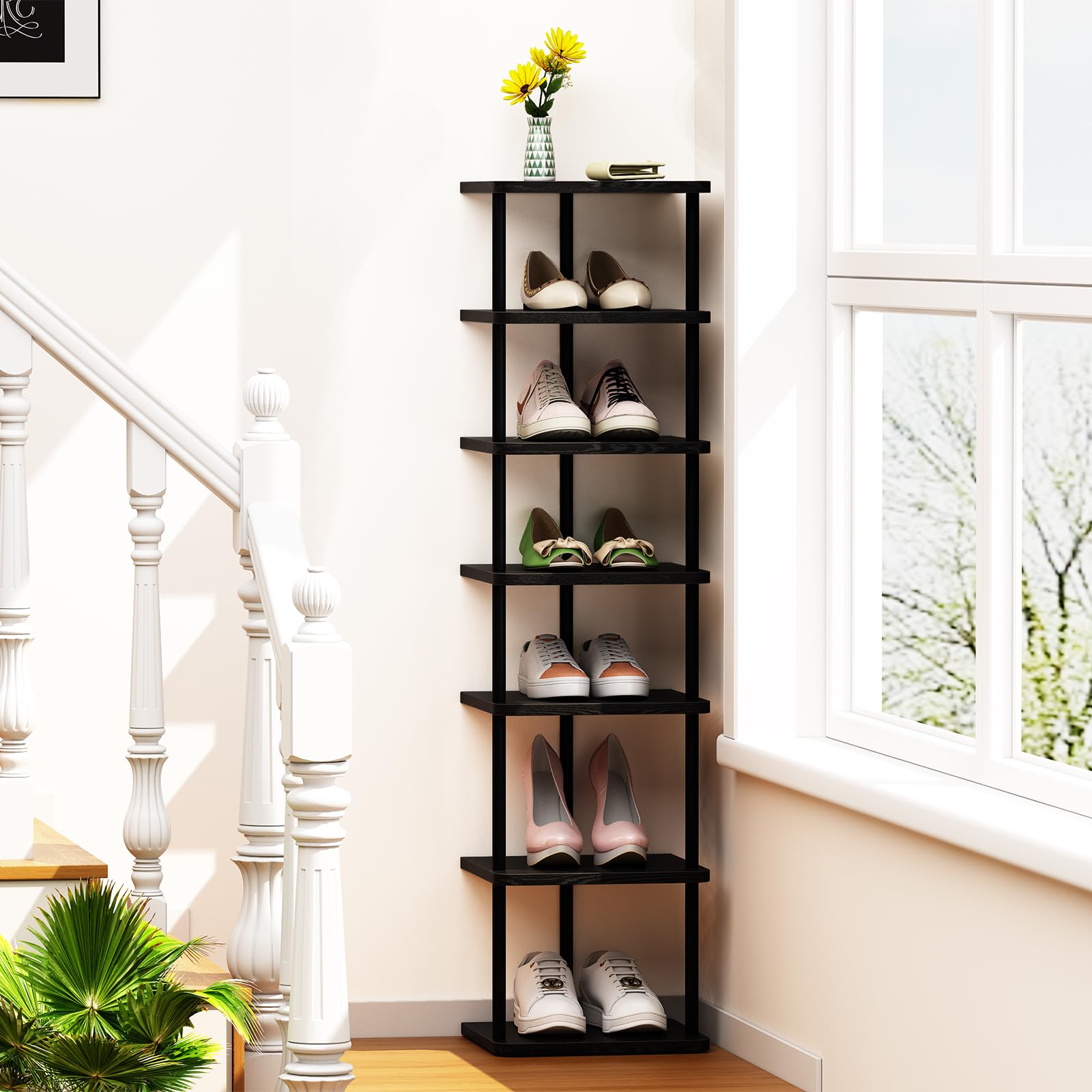 Garden 4 you Shoe Rack Organizer 7 Tier Vertical Storage Stand, Modern Corner Free Standing Shoe Tower, Narrow Metal Slim Shelf for Closet, Entryway,Front Door, Small Spaces, Black