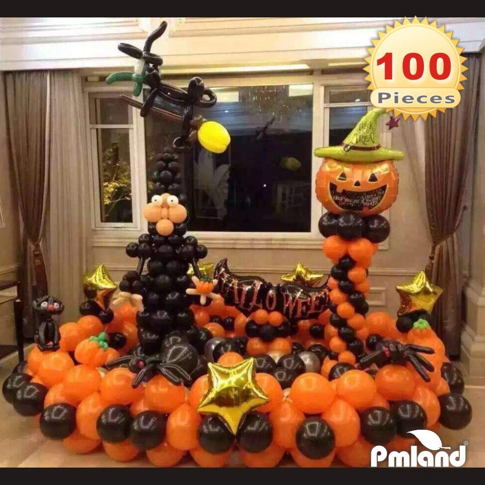 PMLAND 100 Pieces Black Orange Latex Balloons 12 Inches for Halloween Party Supplies, Black Cat Birthday Decoration