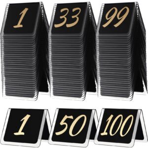 suzile table numbers 1-100, 100-piece double sided gold acrylic table number tents, 3.15" x 2.75" number signs for receptions, banquets, restaurants, and wedding(black and gold)