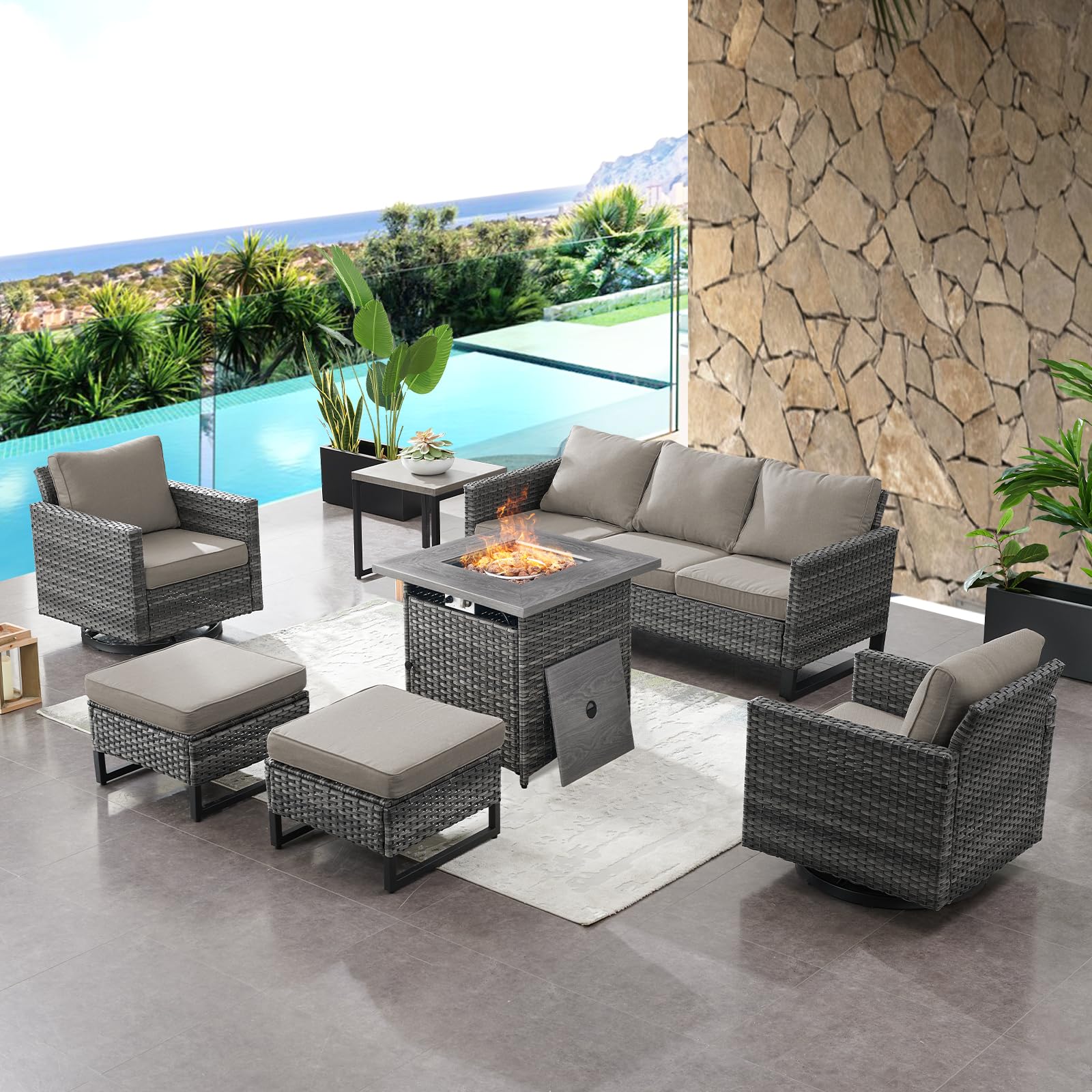 HUMMUH 7 Piece Patio Furniture with Fire Pit 30in 55,000 BTU,PE Wicker Outdoor Conversation Sets - Couch,Patio Swivel Chairs and Ottomans,Side Table for Porch,Garden,Backyard