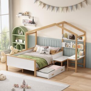 harper & bright designs house bed for kids full storage bed with desk, bench, bookshelf and drawers, wooden full size platform bed with guardrail, for kids teens girls boys (white + natural)