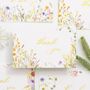 crisky 4 assorted gold foil thank you cards, watercolor wildflowers (50 cards with envelopes for birthday, baby shower, bridal shower, wedding, all occasion)