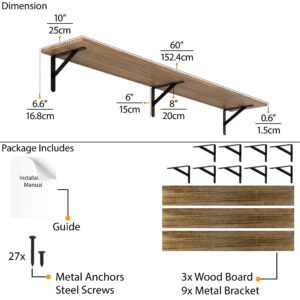 Wallniture Forme 60 inch Long x 10 in Deep Rustic Floating Shelves for Wall, Wall Book Shelves for Living Room, Wall Shelves Home Office, Laundry Room, Wall Shelf Set of 3, Burnt, Wood