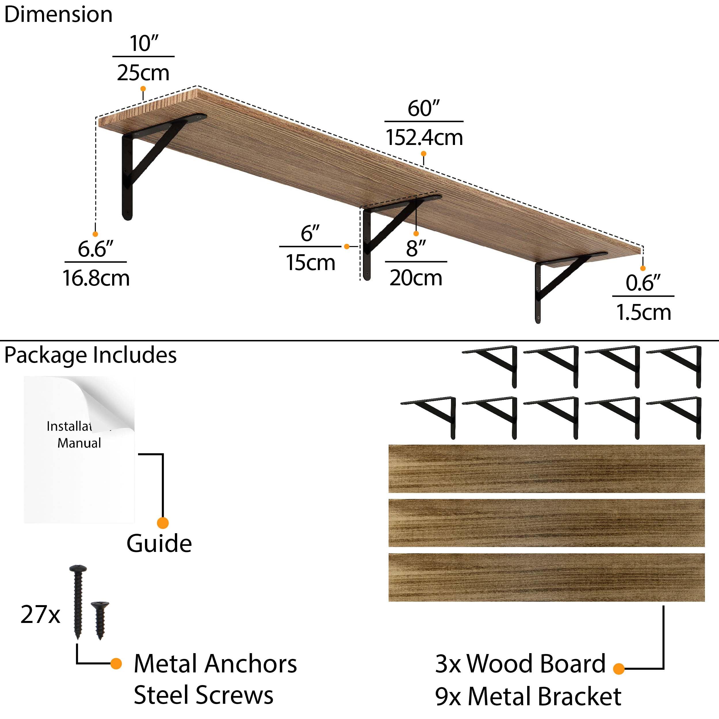 Wallniture Forme 60 inch Long x 10 in Deep Rustic Floating Shelves for Wall, Wall Book Shelves for Living Room, Wall Shelves Home Office, Laundry Room, Wall Shelf Set of 3, Burnt, Wood