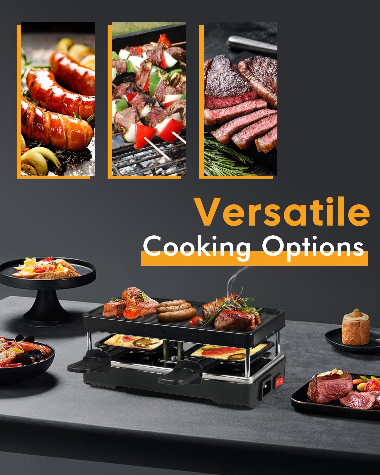 Saenchue 2-Person Raclette Table Grill - Indoor Non-stick Electric Grill Griddle - Series Connection Contact Grill up to 4 Grills, 2 Paddles Included, 2 Packs, BC-02