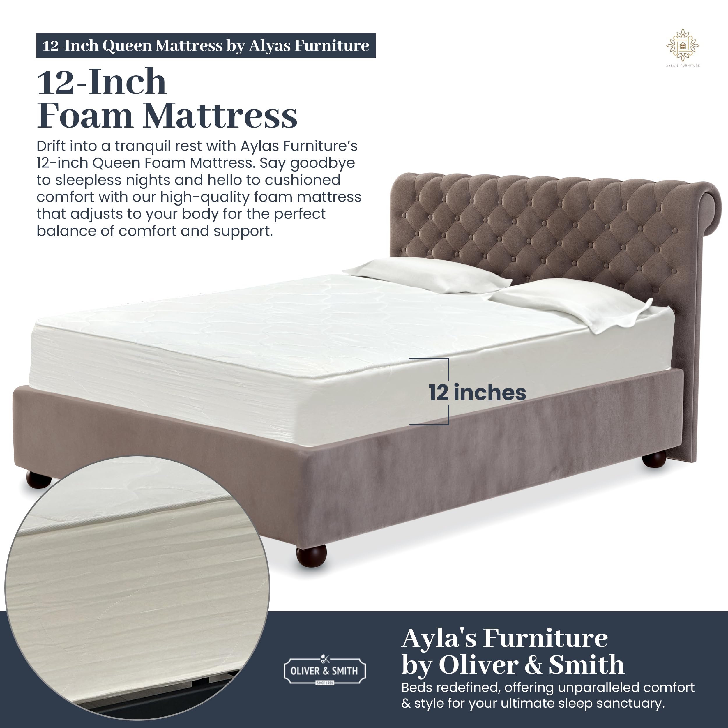 Aylas Furniture Queen Mattress 12 Inch Queen Foam Mattress High Density Reflex Support Layer & Visco-Elastic Comfort Foam & Premium Polyester Cover Eco-Friendly Breathable Firm Queen Size Mattress