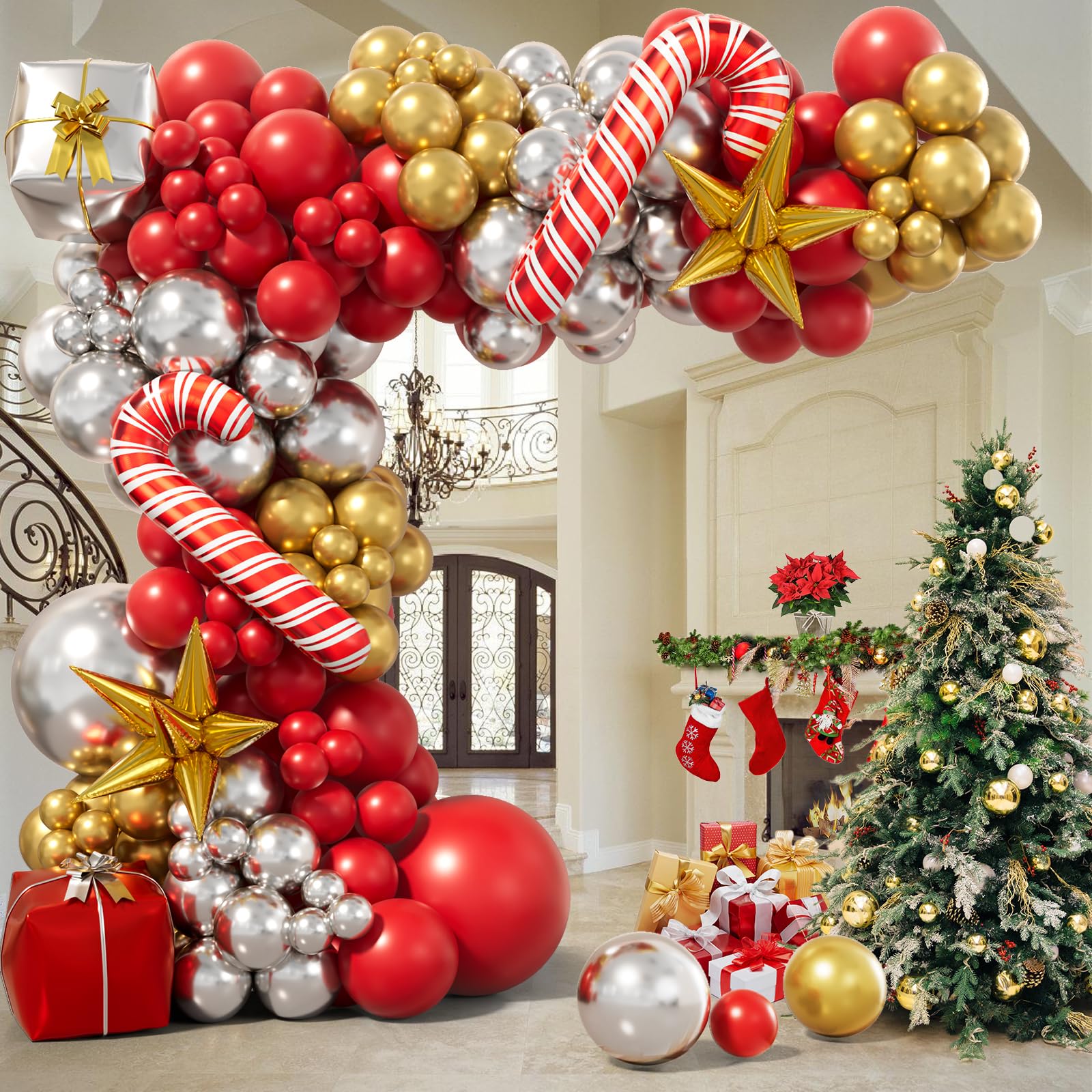 Bonropin Christmas Balloon Garland Arch Kit with Xmas Red and Gold Silver Balloons Candy Cane Balloons Gift Box Balloons Starburst Balloons for New Year Winter Christmas Party Decorations