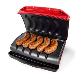 nostalgia game day sausage and brat 5 link electric grill with oil drip tray, carry handle, and cord storage, cooks beef, turkey, chicken, veggie sausages, or hot dogs