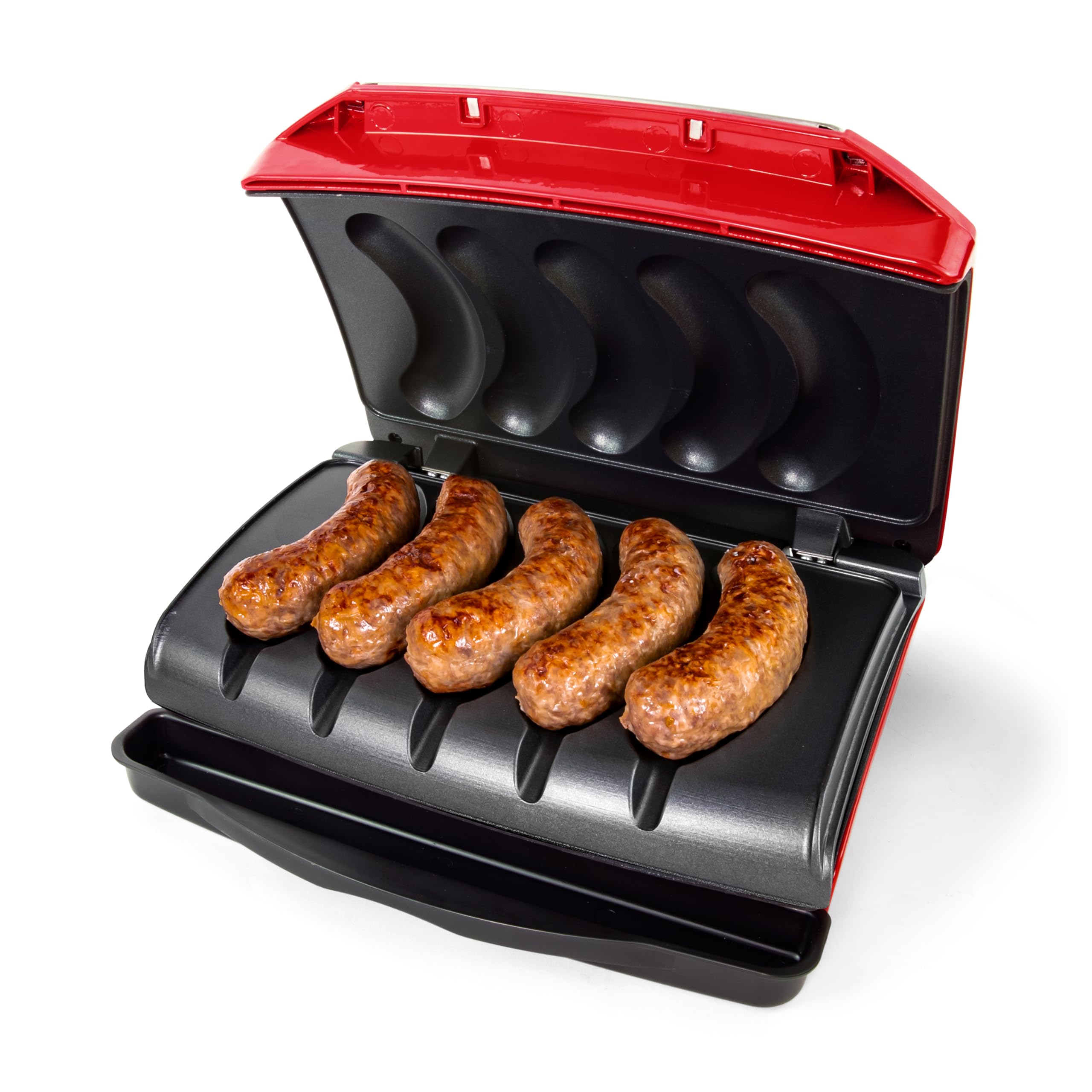 Nostalgia Game Day Sausage and Brat 5 Link Electric Grill with Oil Drip Tray, Carry Handle, and Cord Storage, Cooks Beef, Turkey, Chicken, Veggie Sausages, or Hot Dogs