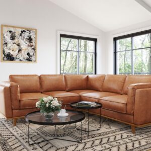 Valencia Artisan Full Leather Sofa - Pure Full Italian Nappa Leather Couch, Solid Wood Accent, Ultimate Comfort (Cognac, L-Shape Sectional)