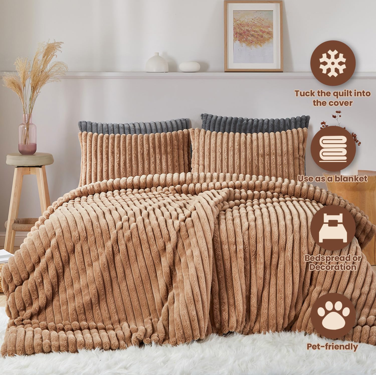 Jolusere Luxury Shaggy Plush Duvet Cover Set King Size Camel Velvet Bedding Set Faux Fur Fluffy Fuzzy Soft Furry Warm Winter Comforter Cover for Teen Girls Women Gifts 3 Pieces Farmhouse Bed Set