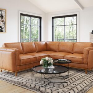 Valencia Artisan Full Leather Sofa - Pure Full Italian Nappa Leather Couch, Solid Wood Accent, Ultimate Comfort (Cognac, L-Shape Sectional)