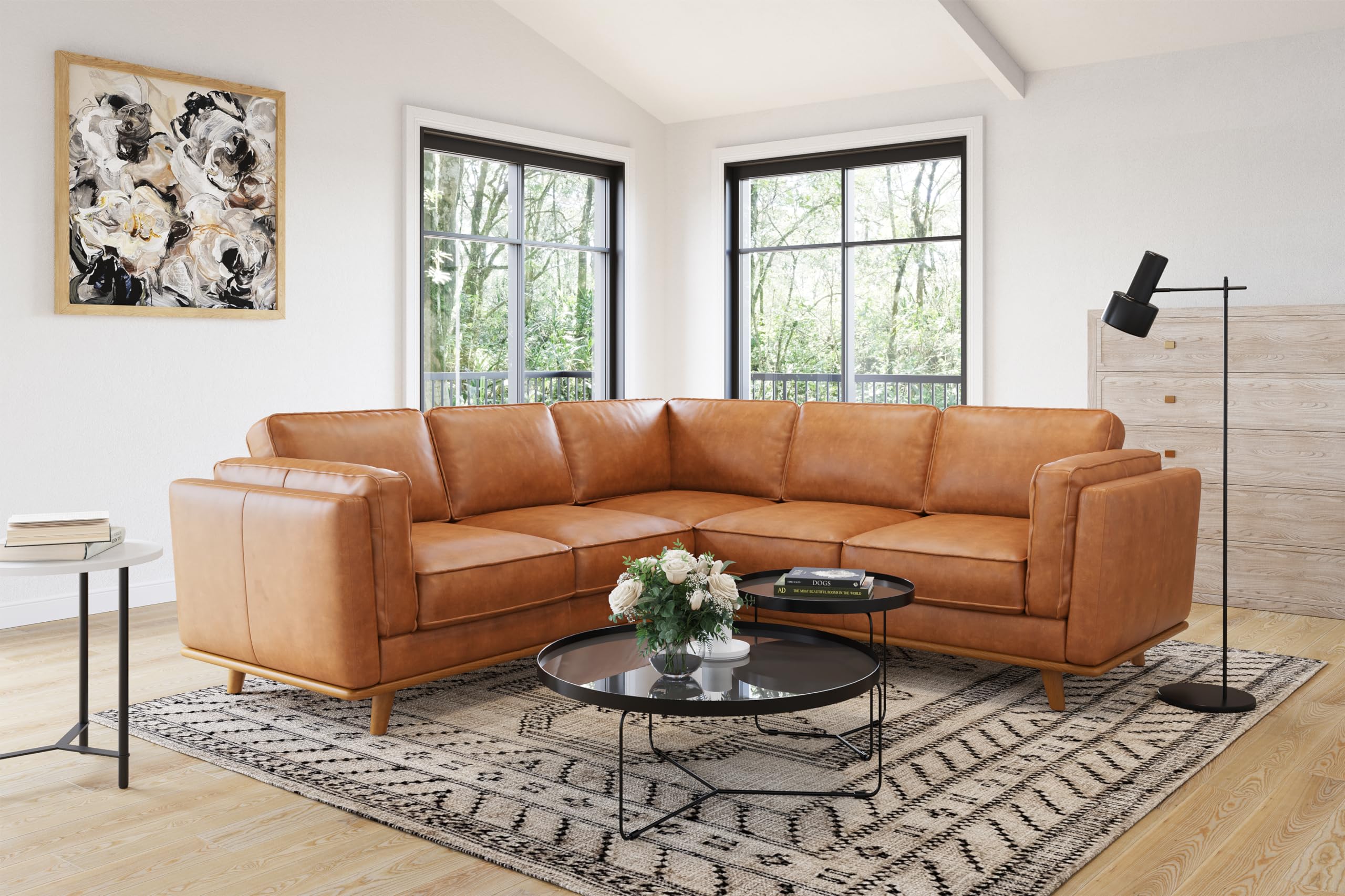 Valencia Artisan Full Leather Sofa - Pure Full Italian Nappa Leather Couch, Solid Wood Accent, Ultimate Comfort (Cognac, L-Shape Sectional)