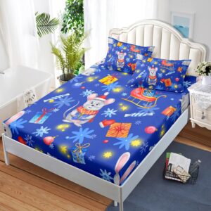 BSNTHO Christmas Mouse Sheet Set Twin Size 4 Piece, Christmas Rabbit Sheets for Girls Boys Kids Teens with 2 Pillowcases and 16" Deep Pocket, Bedding Set Microfiber Ultra Soft Skin Friendly