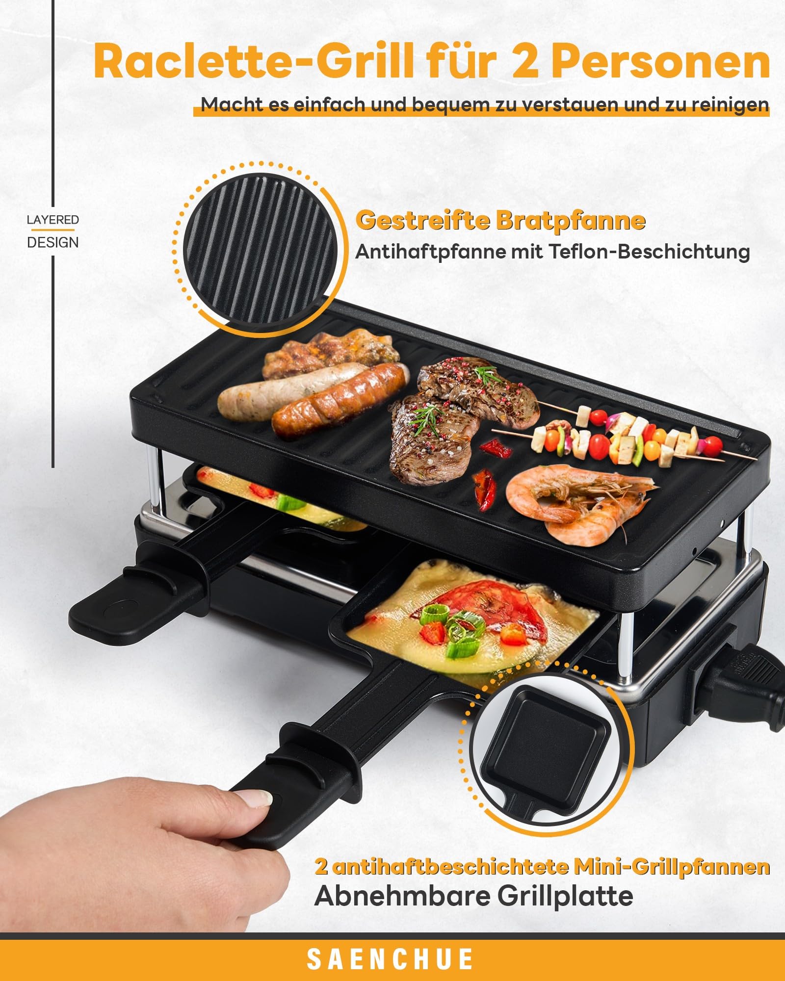 Saenchue 2-Person Raclette Table Grill - Indoor Non-stick Electric Grill Griddle - Series Connection Contact Grill up to 4 Grills, 2 Paddles Included, 2 Packs, BC-02