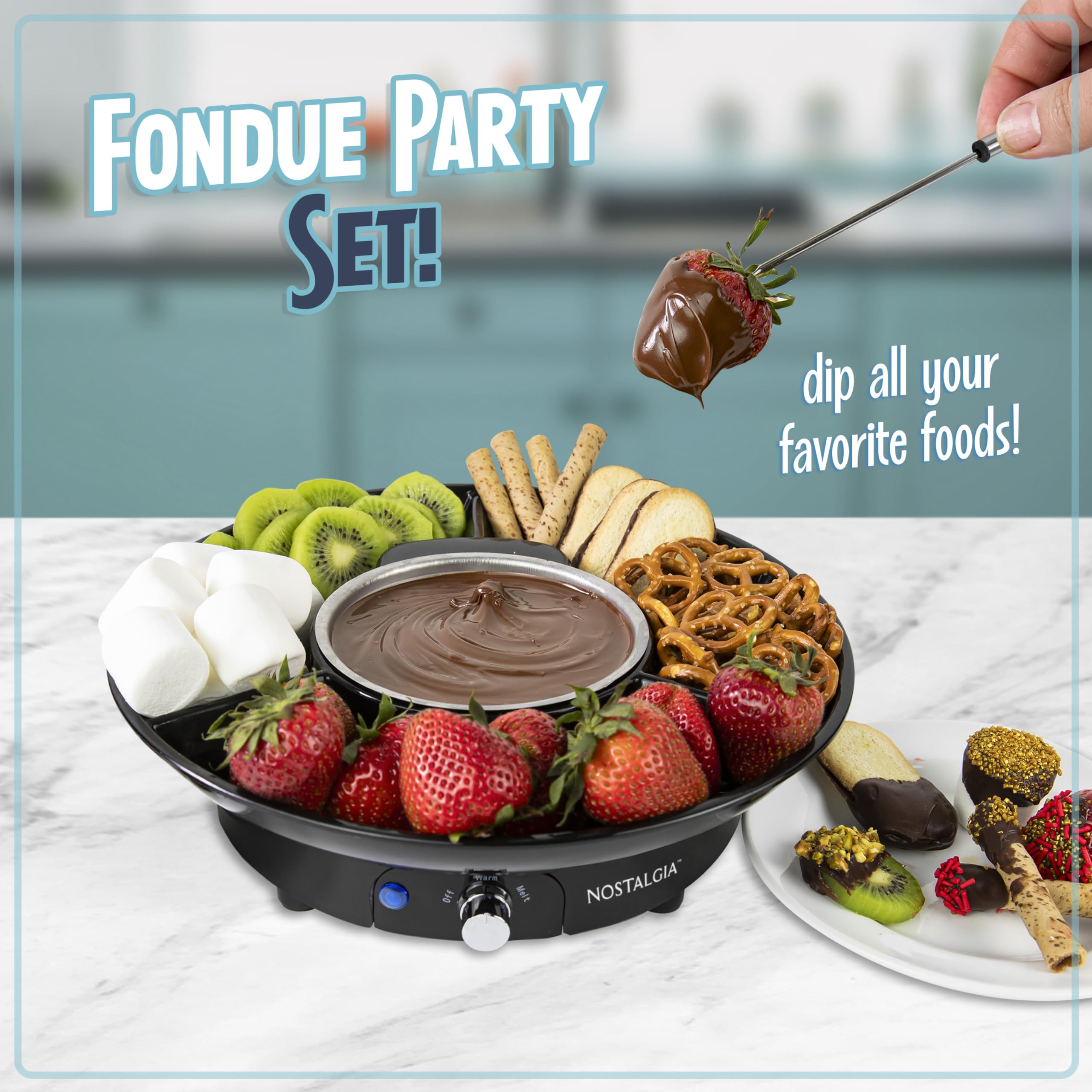 Nostalgia 10 Oz Electric Fondue Pot Set for Cheese & Chocolate - 4 Dipping Forks, 3-Section Food Tray - Kitchen Gadgets and Appliances for H'ors Deouvres, Entrees, Desserts - Black