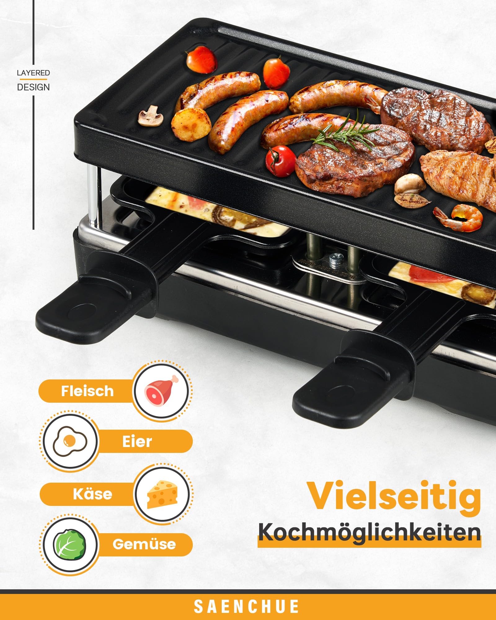 Saenchue 2-Person Raclette Table Grill - Indoor Non-stick Electric Grill Griddle - Series Connection Contact Grill up to 4 Grills, 2 Paddles Included, 2 Packs, BC-02