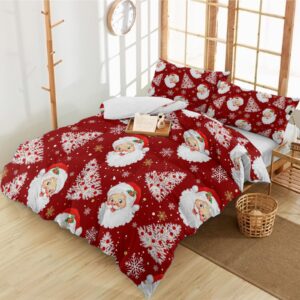 christmas santa claus queen bedding duvet cover set 3 pieces red berry xmas tree soft luxury printed comforter covers 2 pillow shams for bedroom decor golden white snowflakes