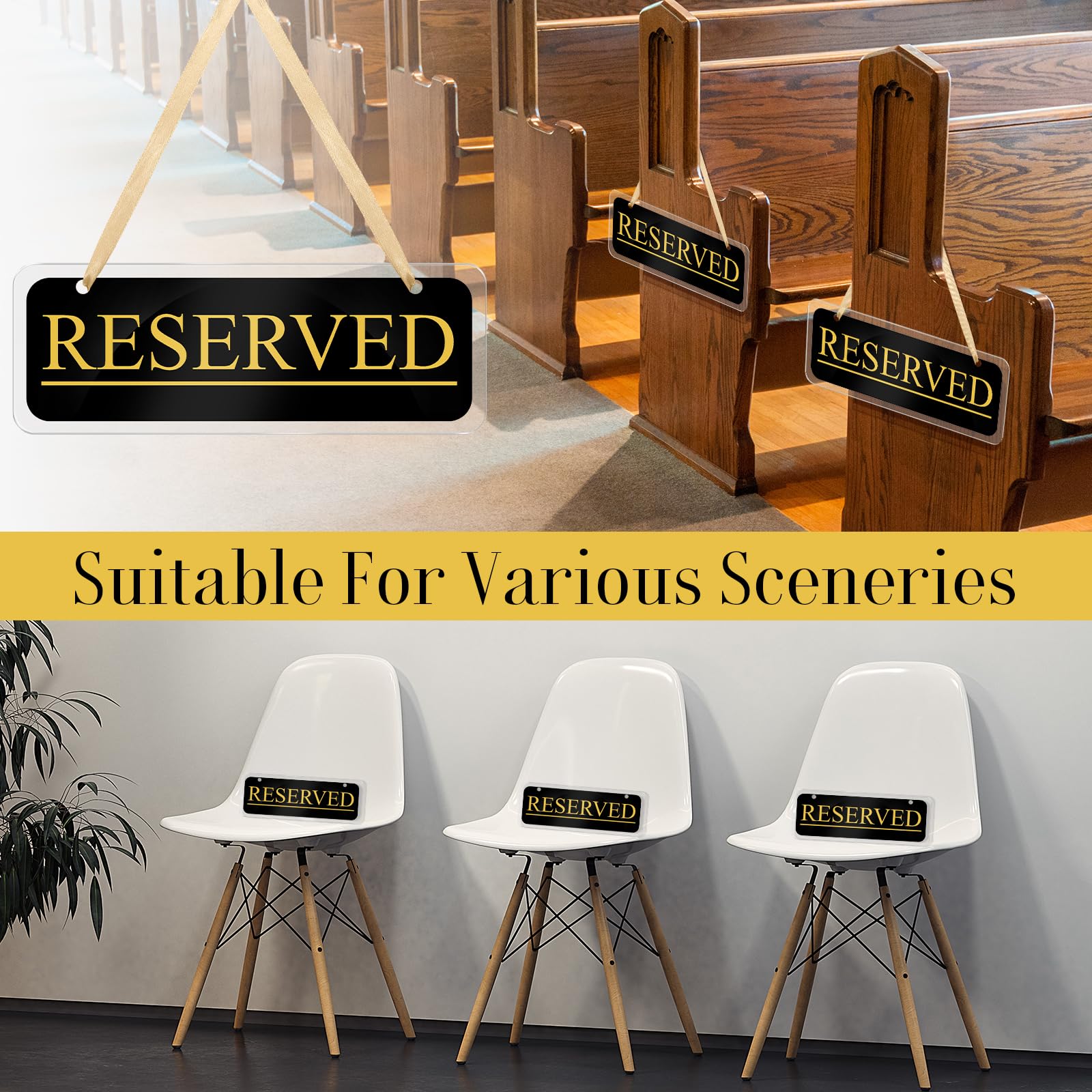 Beeveer 12 Pcs Reserved Chair Signs for Wedding Reserved Seating Signs Acrylic Reserved Hanging Sign with Ribbon Reserved Signs for Wedding Parties Events Church Pews Chair Restaurant(Black)