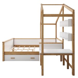 Harper & Bright Designs House Bed for Kids Full Storage Bed with Desk, Bench, Bookshelf and Drawers, Wooden Full Size Platform Bed with Guardrail, for Kids Teens Girls Boys (White + Natural)