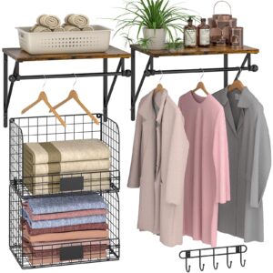 laundry room shelves wall mounted with wire baskets, over the washer and dryer shelf with clothes drying rack, wire shelves baskets for laundry closet organization and storage, wood+metal, black