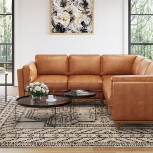 Valencia Artisan Full Leather Sofa - Pure Full Italian Nappa Leather Couch, Solid Wood Accent, Ultimate Comfort (Cognac, L-Shape Sectional)