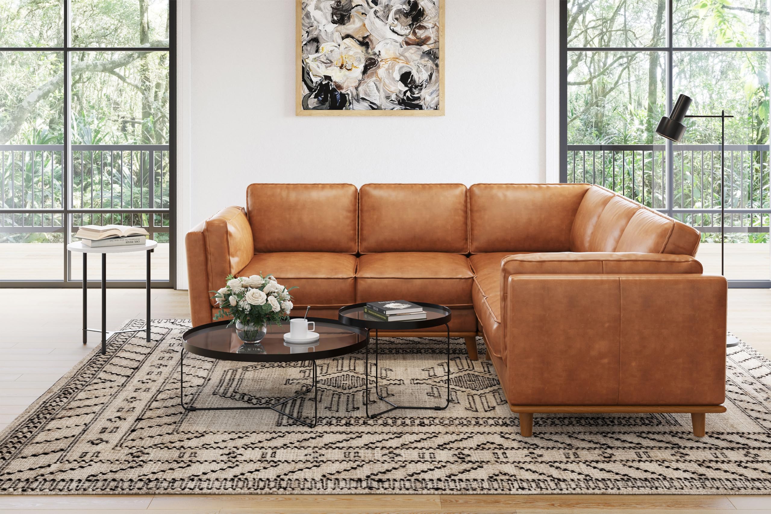 Valencia Artisan Full Leather Sofa - Pure Full Italian Nappa Leather Couch, Solid Wood Accent, Ultimate Comfort (Cognac, L-Shape Sectional)