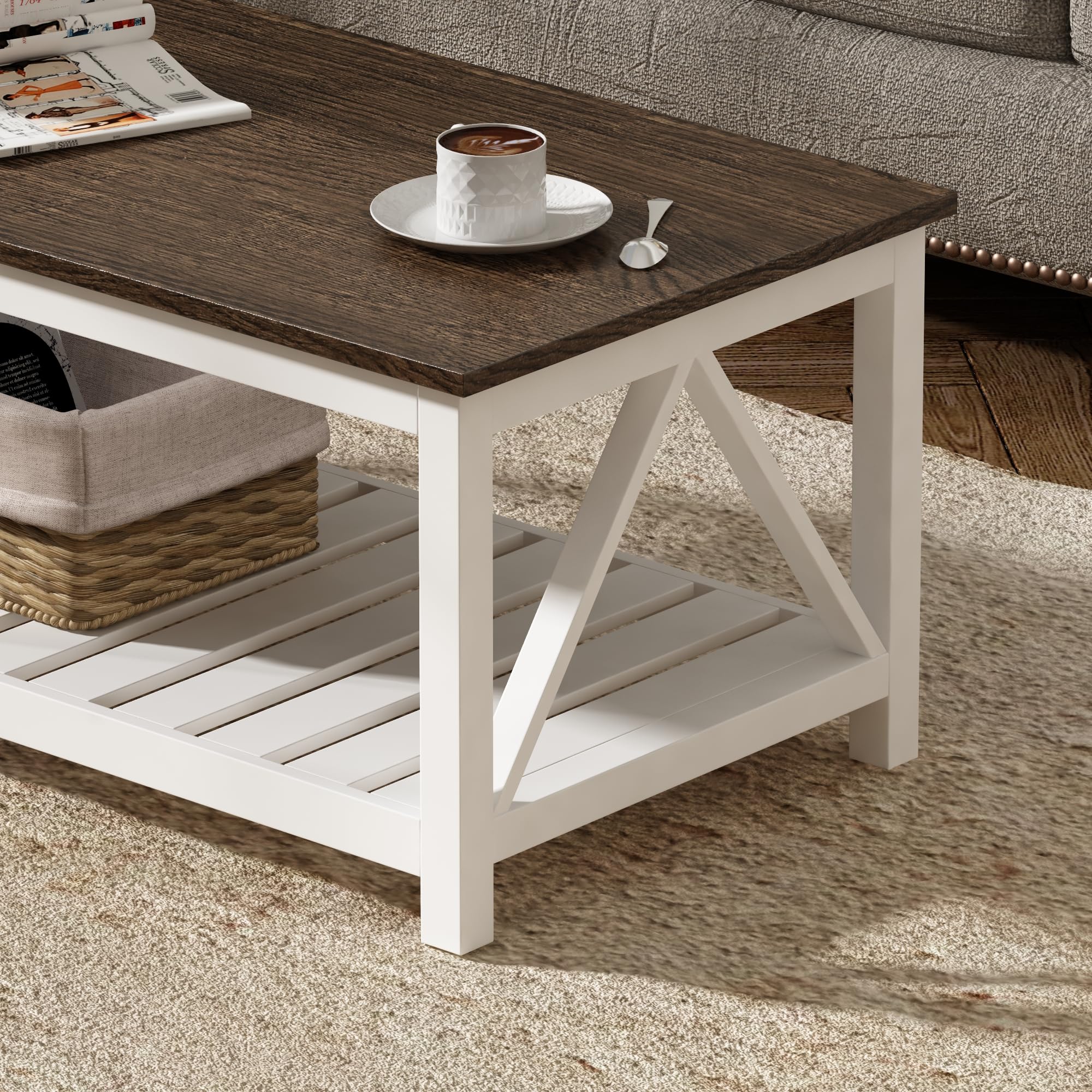 ChooChoo Farmhouse Coffee Table, Rustic Vintage Living Room Table with Shelf, 47 White