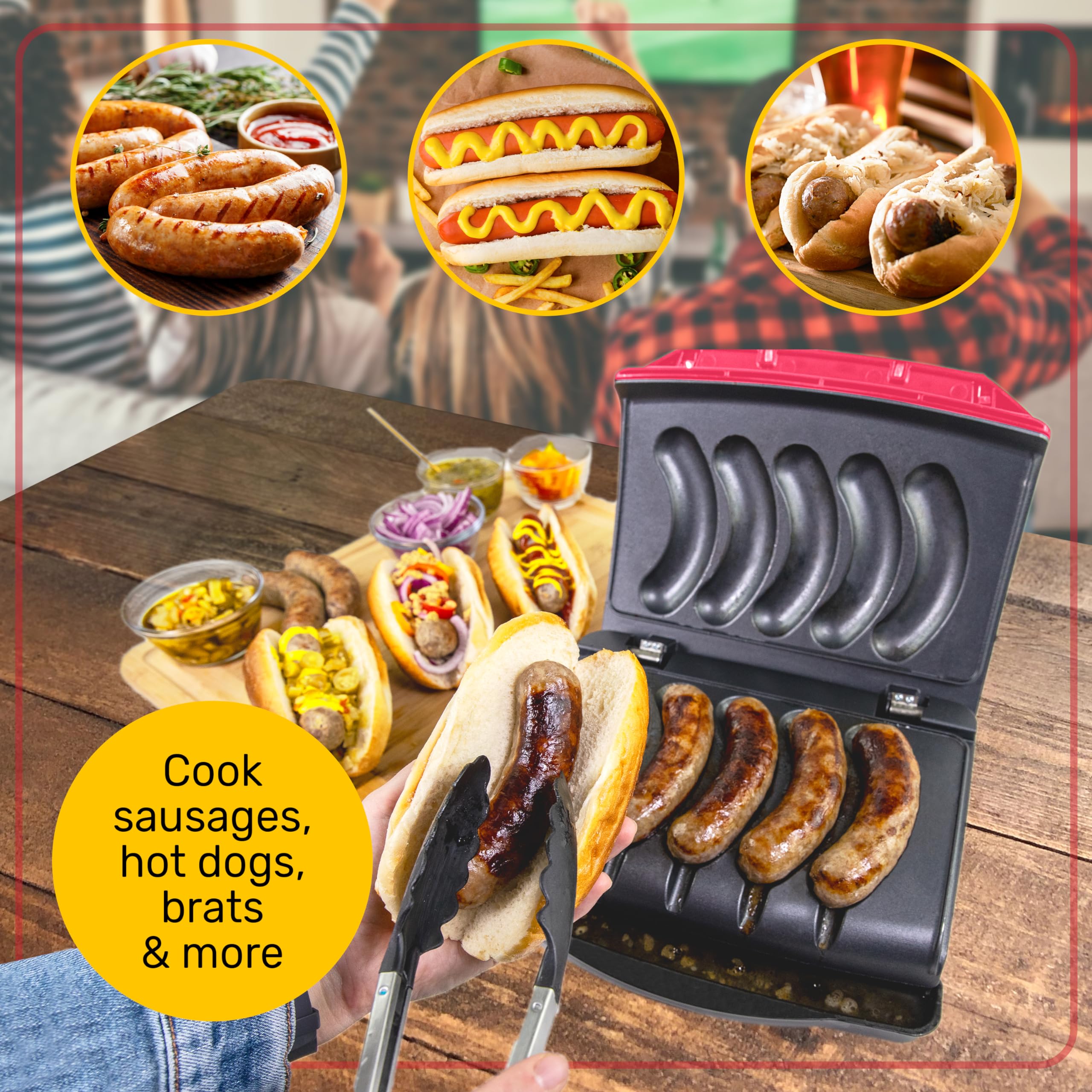 Nostalgia Game Day Sausage and Brat 5 Link Electric Grill with Oil Drip Tray, Carry Handle, and Cord Storage, Cooks Beef, Turkey, Chicken, Veggie Sausages, or Hot Dogs