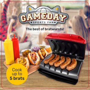 Nostalgia Game Day Sausage and Brat 5 Link Electric Grill with Oil Drip Tray, Carry Handle, and Cord Storage, Cooks Beef, Turkey, Chicken, Veggie Sausages, or Hot Dogs