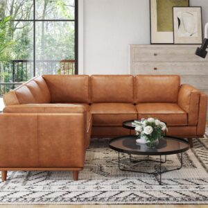 Valencia Artisan Full Leather Sofa - Pure Full Italian Nappa Leather Couch, Solid Wood Accent, Ultimate Comfort (Cognac, L-Shape Sectional)