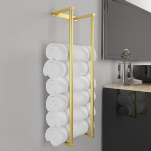 stainless steel bathroom wall towel rack for rolled and folded towels - mounted metal holder for easy washcloth storage and organizing (gold)