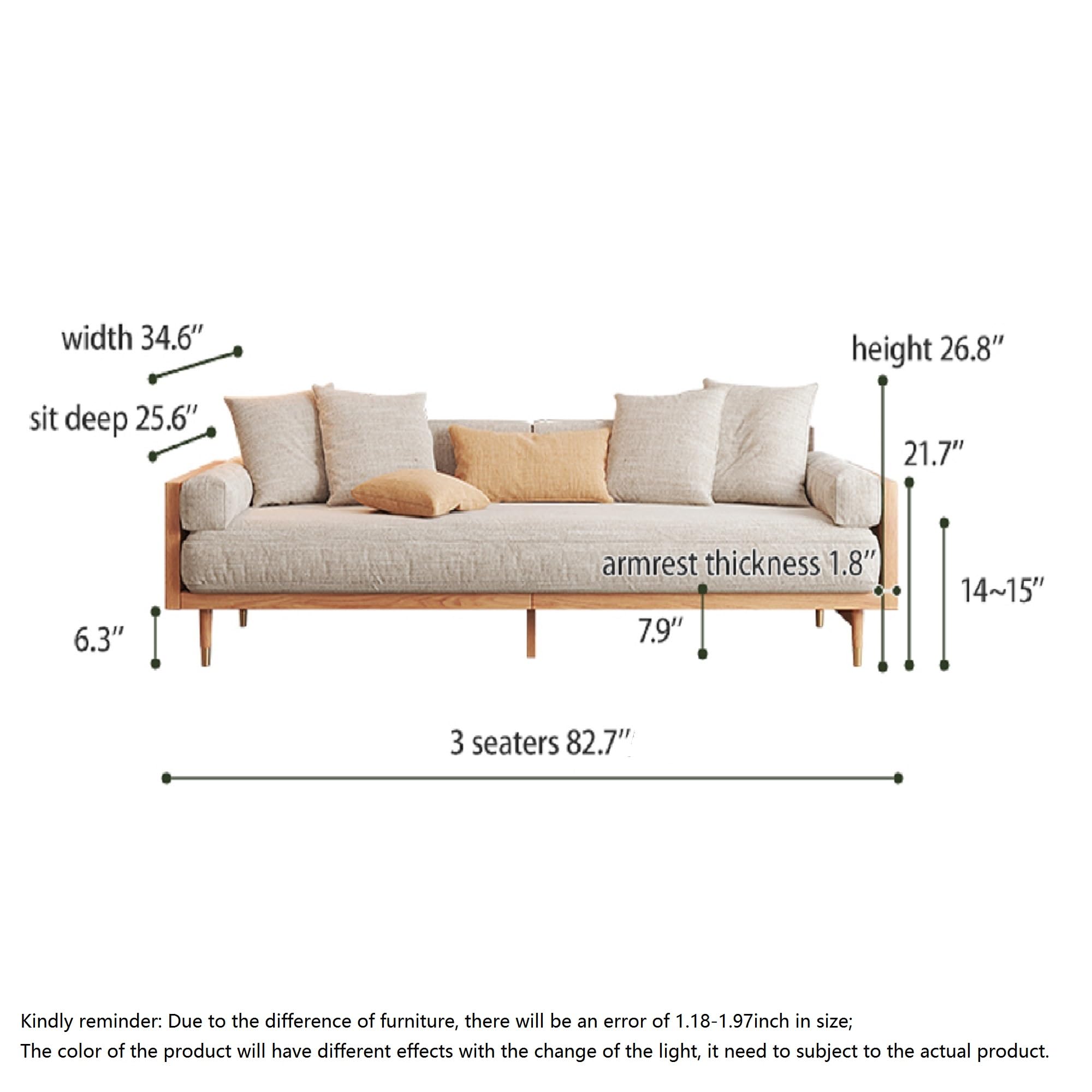 JASIWAY Modern 3 Seater Sofa, Upholstered Linen Fabric Sofa, Chinese Style Sofa with Solid Wood Frame Large Sofa for Living Room, 82.7" W x 34.6" D x 26.8" H