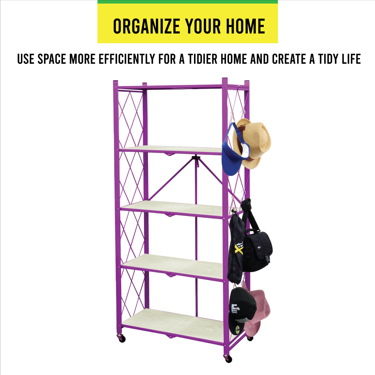 Letusto Foldable Collapsible Shelf with Wheels & Breaks - Folding Shelf Heavy Duty Metal Frame Pantry Shelving Unit - Origami Bookcase - No Assembly Bookshelf (Purple, 5 Tier)