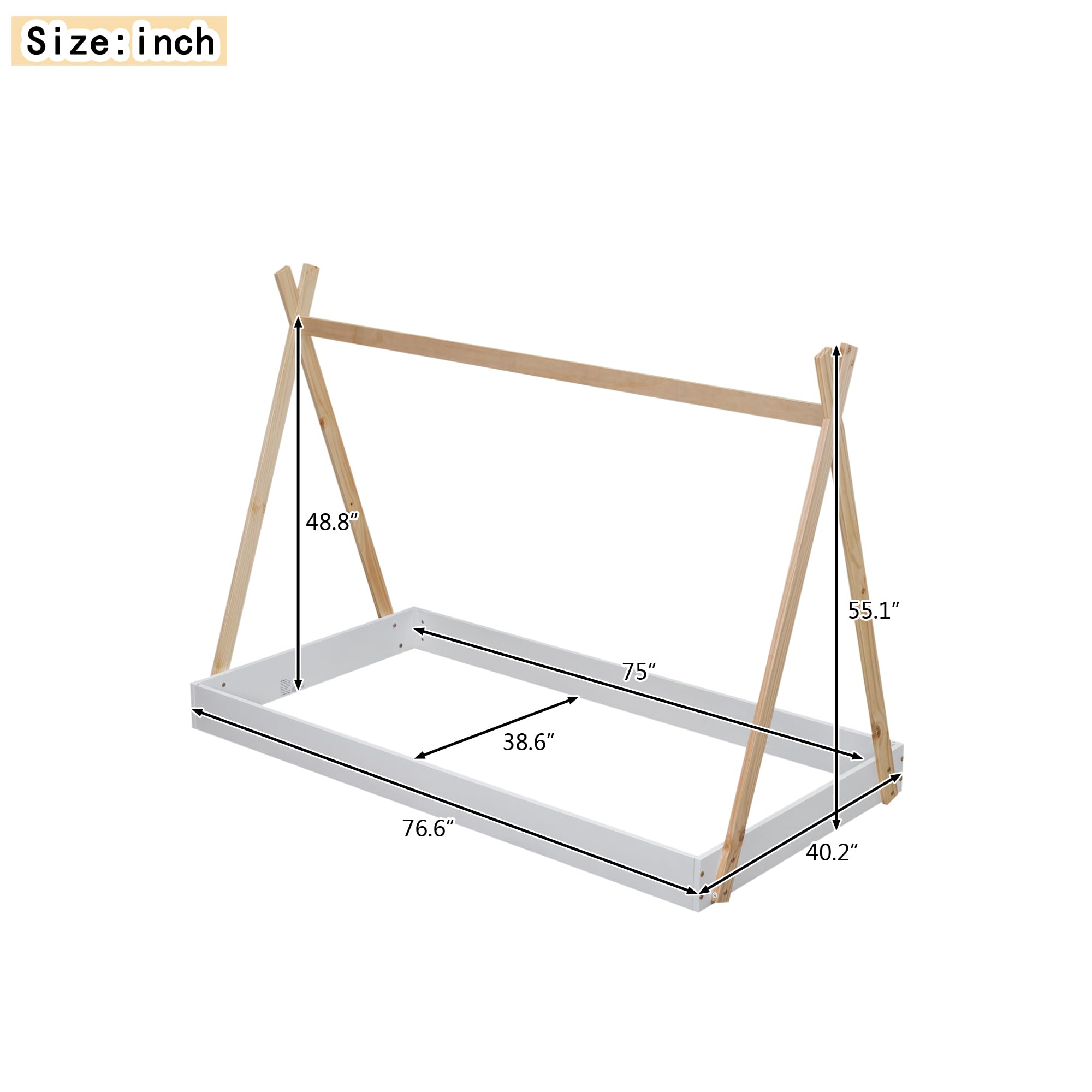 BestLM Twin Size Wood Tent Floor Bed with Triangle Structure, Montessori Floor Bed for Kids Teens Boys Girls, White+Natural