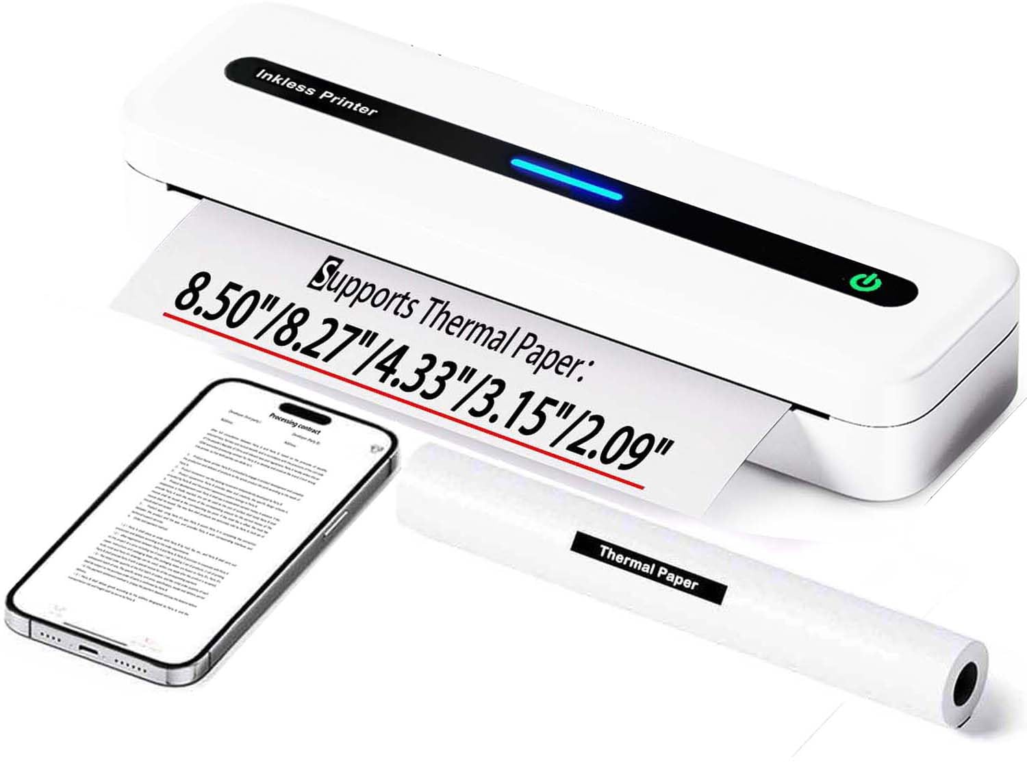 Portable Printer Wireless Bluetooth for iPad iPhone Android - A4 Inkless Laptop Printer for 2"/3"/4"/8.26"/8.5x11 Thermal Paper - 300DPI Mobile Printer for Vehicle Travel Home Office School Dorm