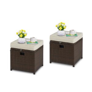 yiyan 2 pieces outdoor patio ottomans, pe rattan foot stool with storage all weather outdoor ottomans footrest seat with removable cushion(white)