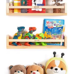 Nexzon Set of 3 Nursery Book Shelves with Booklet and Pen | 16.6" Kids Wall Bookshelves | Baby Nursery Shelves for Bedroom, Bathroom, Kitchen and Toy Storage (Pine Wood)