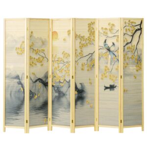 mygift 6 panel large bamboo room divider with dual sided asian birds gingko biloba tree sunset design print, freestanding artwork privacy partition folding screen with beige solid wood frame