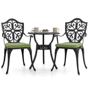 nuu garden bistro set 3 piece outdoor, cast aluminum patio bistro sets with umbrella hole and green cushions, bistro table and chairs set of 2 for patio backyard, black