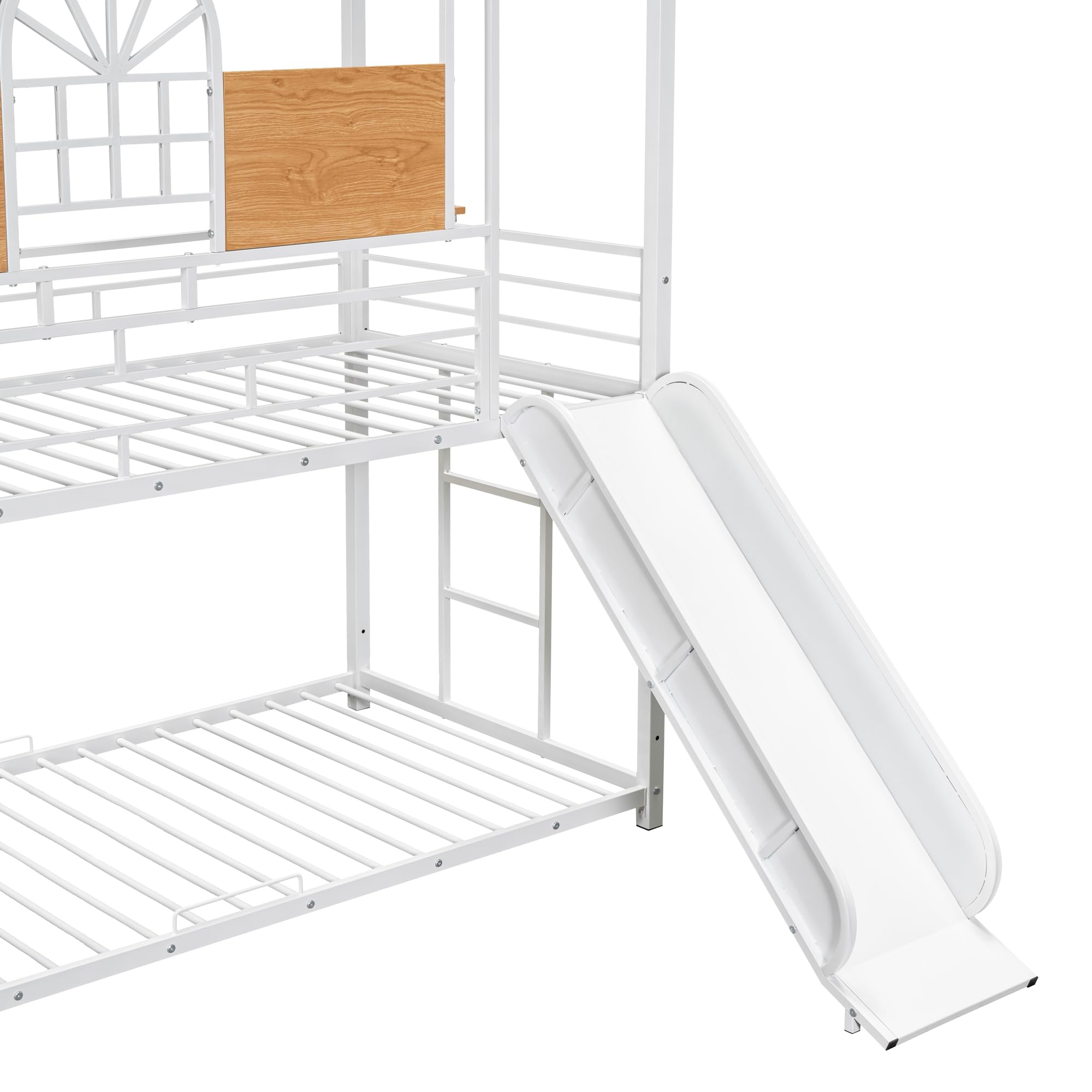 Harper & Bright Designs Metal Twin Over Twin Bunk Beds with Slide, House Bunk Bed with Storage Stairs, Kids Bunk Beds with Roof and Guardrails for Girls Boys Teens, White+White Slide