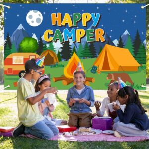 Avezano Happy Camper Banner Camping Party Decorations Campfire Forest Adventure Photography Backdrop for Kids Camp Theme Birthday Baby Shower Party Supplies (Style 1, 71x43inch)