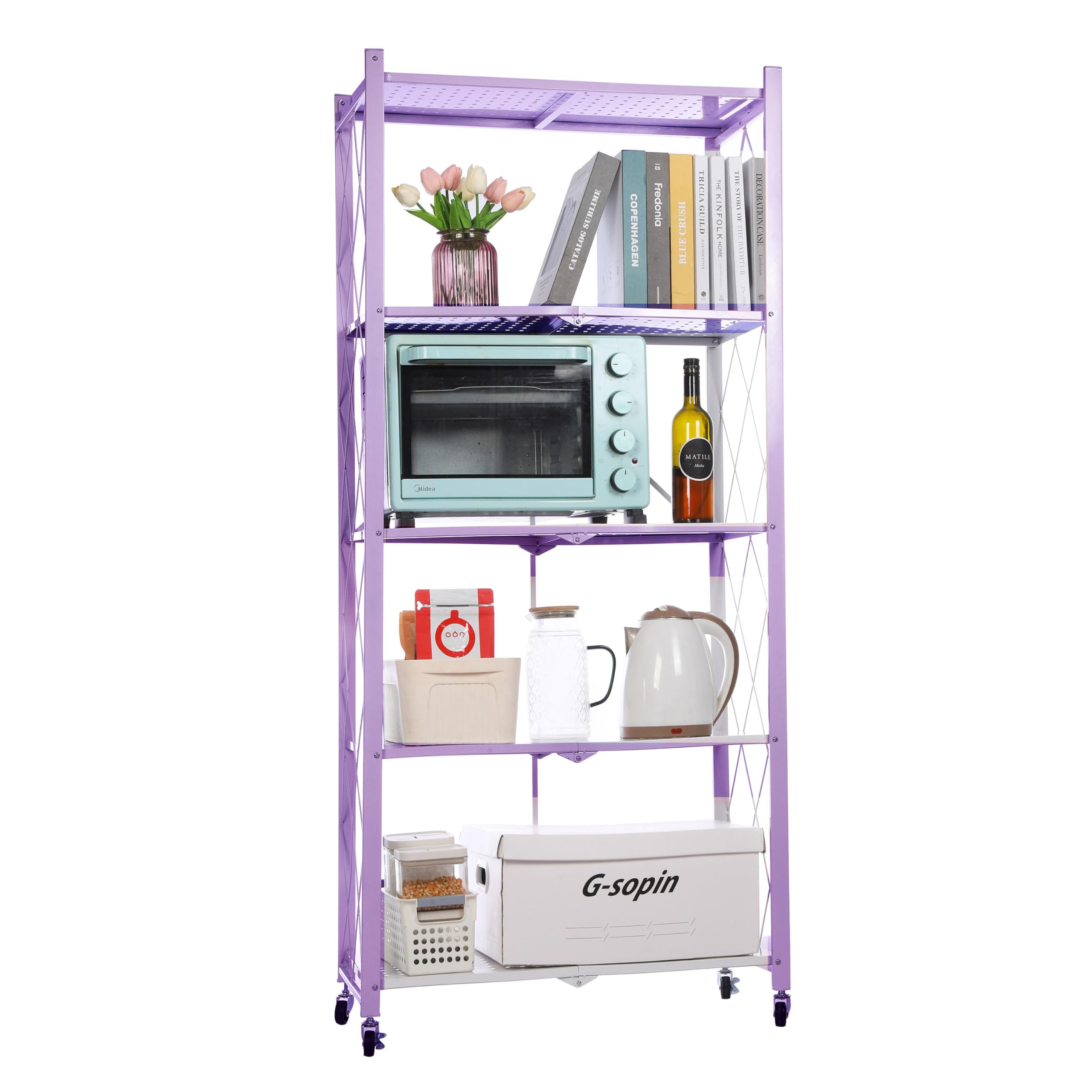 Letusto Foldable Collapsible Shelf with Wheels & Breaks - Folding Shelf Heavy Duty Metal Frame Pantry Shelving Unit - Origami Bookcase - No Assembly Bookshelf (Purple, 5 Tier)