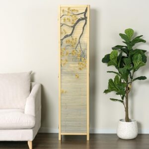 MyGift 6 Panel Large Bamboo Room Divider with Dual Sided Asian Birds Gingko Biloba Tree Sunset Design Print, Freestanding Artwork Privacy Partition Folding Screen with Beige Solid Wood Frame