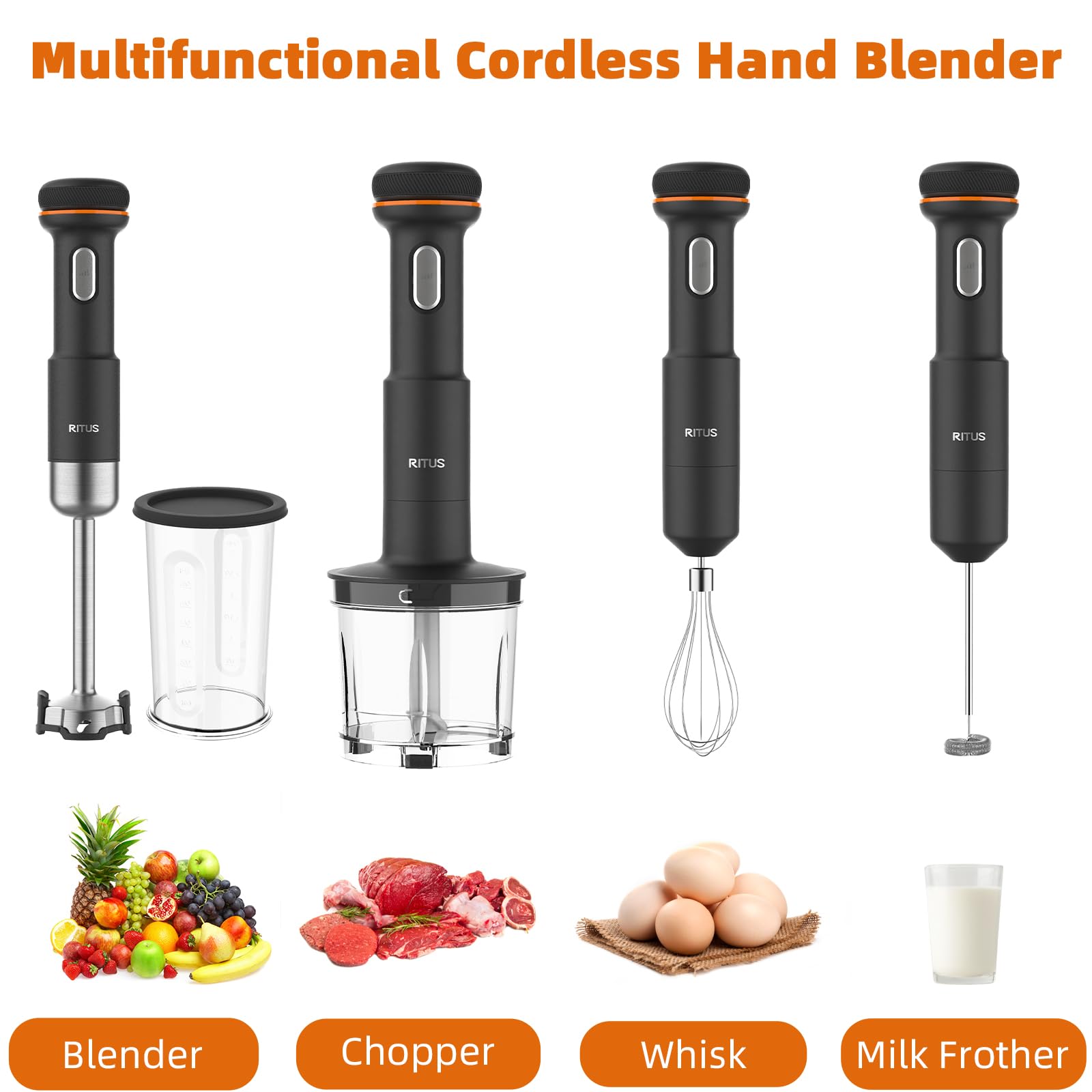 Commercial Immersion Blender, 5 in 1 Cordless Hand Blender Heavy Duty Motor, 4000-13000RPM lmmersion Blender Variable Speed Hand Blender With Mixing Beaker, Chopper, Whisk and Milk Frother