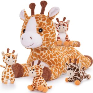 muiteiur 5 in 1 big giraffe stuffed animals set, 22 inch large mommy stuffed giraffe plush with 4 cute small giraffe babies toy, soft giraffe plush pillow for boys girls