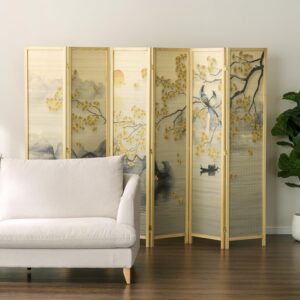 MyGift 6 Panel Large Bamboo Room Divider with Dual Sided Asian Birds Gingko Biloba Tree Sunset Design Print, Freestanding Artwork Privacy Partition Folding Screen with Beige Solid Wood Frame