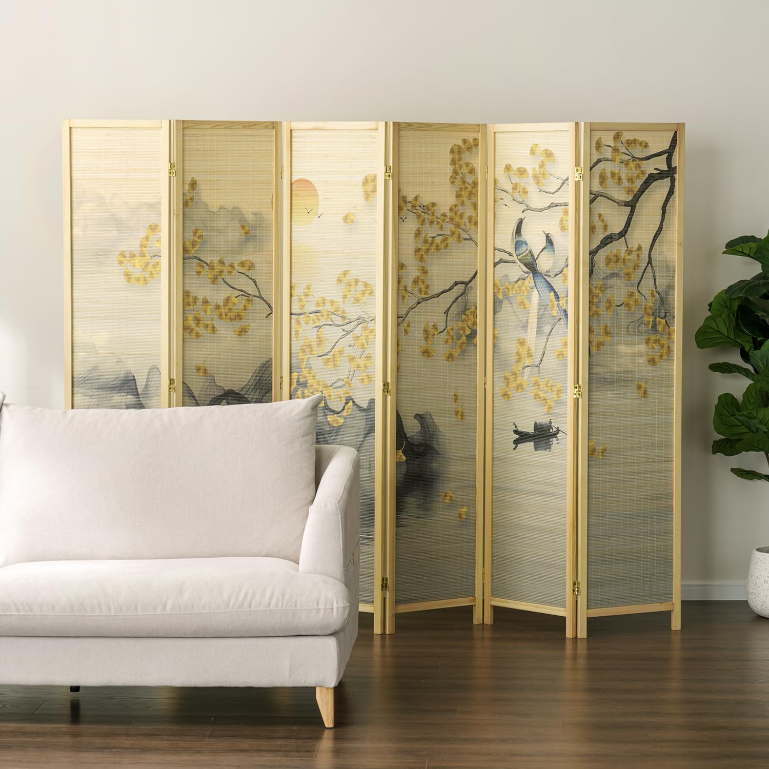 MyGift 6 Panel Large Bamboo Room Divider with Dual Sided Asian Birds Gingko Biloba Tree Sunset Design Print, Freestanding Artwork Privacy Partition Folding Screen with Beige Solid Wood Frame