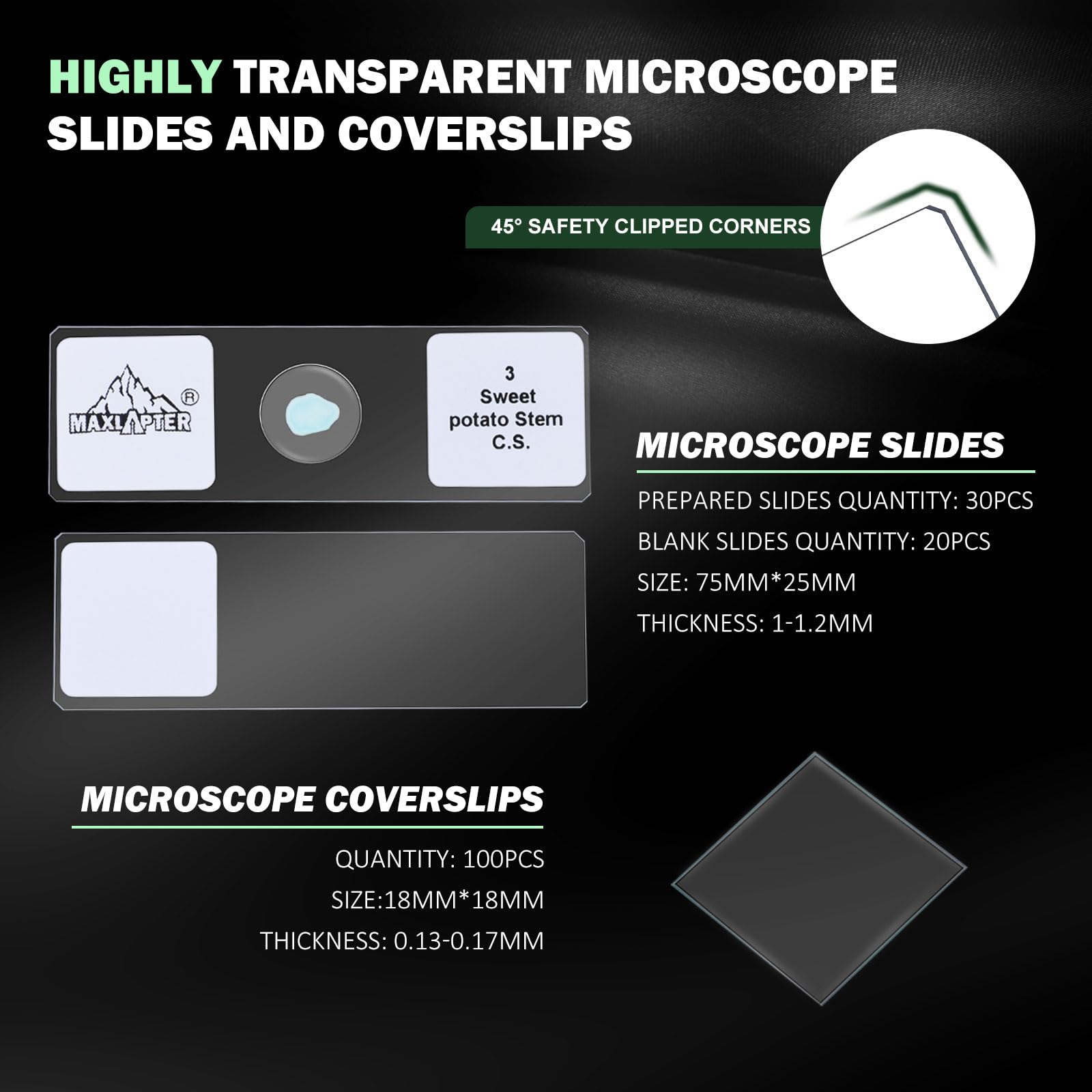 50 Microscope Slides and 100 Covers Set - 30 Prepared Microscope Slides with Specimens, 20 Blank Microscope Slides and 100 Microscope Coverslips - Microscope Slides for Kids Students Homeschool Use